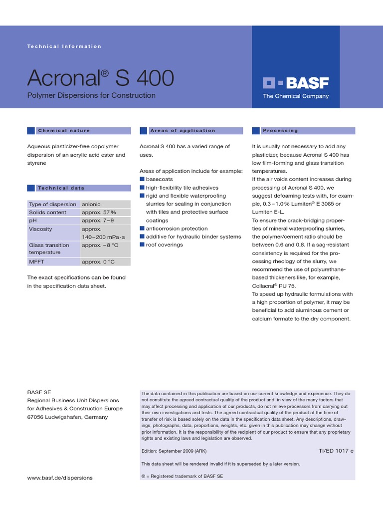 BASF Acronal S 400 | PDF | Polymers | Cement