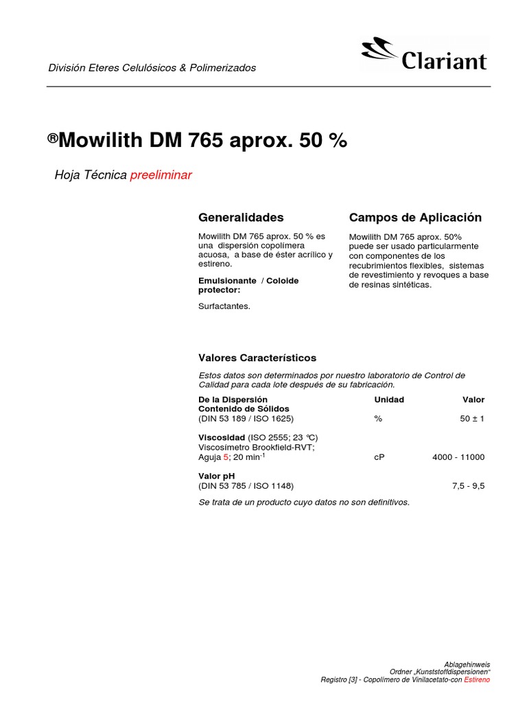 Mowilith DM 765 Data Sheet | Pintura acrilica | Pigmento