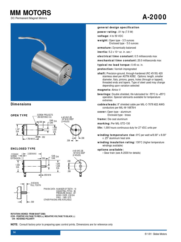 Globe Motor Spec Sheet | PDF | Electric Motor | Gear