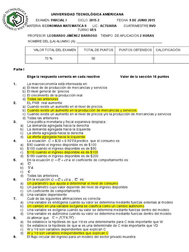 Examen 1 Economia Matematica II 15-3o | PDF