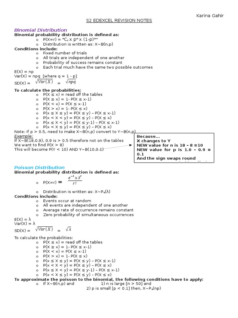 s2 Revision Notes | PDF | Sampling (Statistics) | Mean
