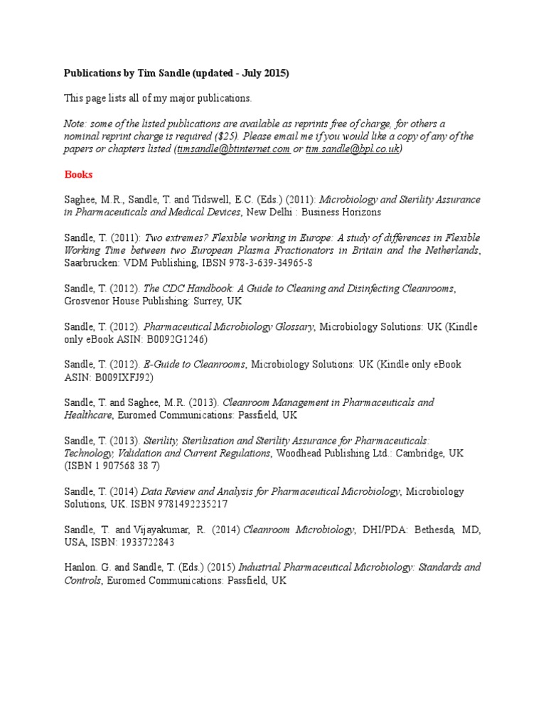 Publications by Tim Sandle | PDF | Biopharmaceutical | Sterilization (Microbiology)
