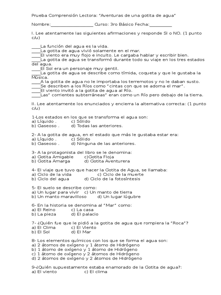 Prueba Aventuras de 1 Gotita de Agua | PDF | Oxígeno | Hidrógeno