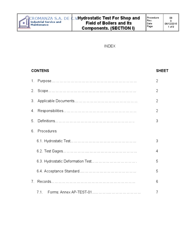 Hydrostatic Testing Procedure for Boilers | PDF | Boiler | Pressure