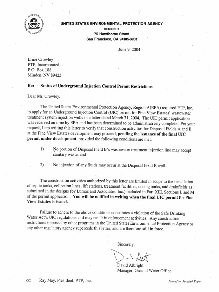 2004-Jun-9 Letter From EPA To PTP Re: Preliminary Permit | PDF