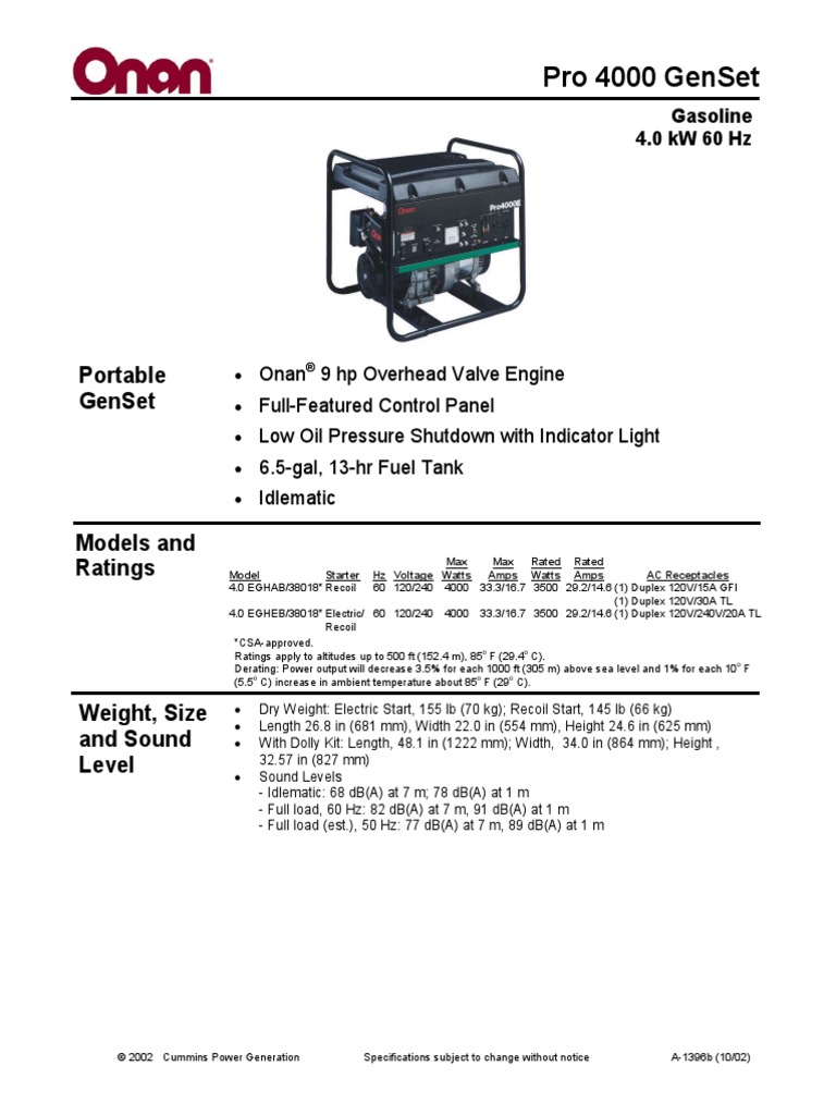 Onan Pro 4000 Generator Overview | PDF | Cummins | Alternating Current