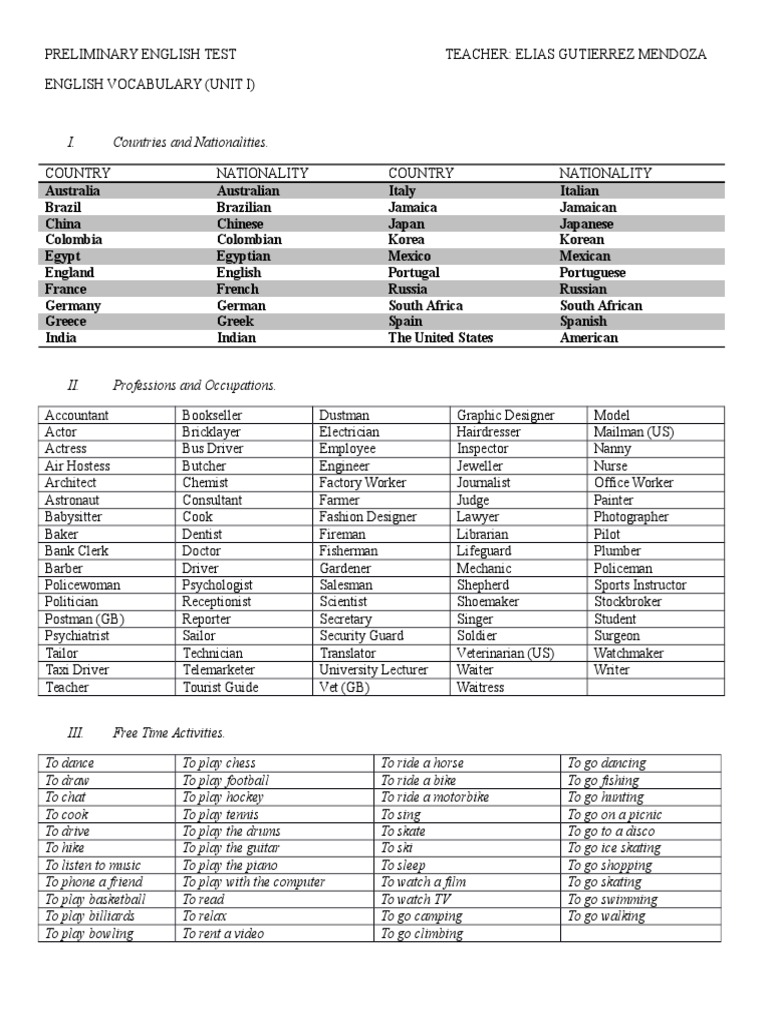 Preliminary English Test (Vocabulary) | Grandparent | Family