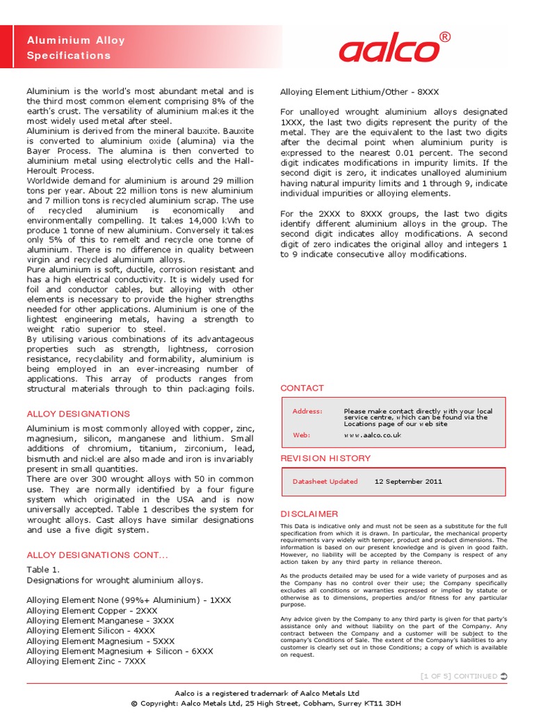 Aalco Aluminium Alloy Specifications | PDF | Heat Treating | Aluminium