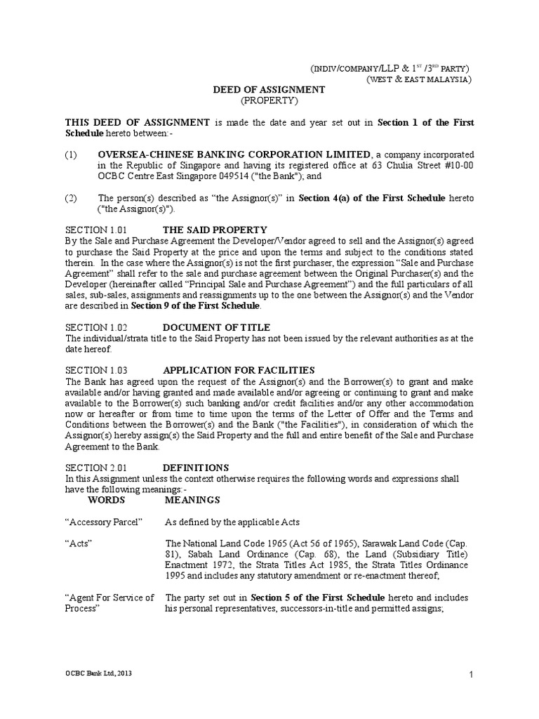 Deed of Assignment Sample | PDF | Security Interest | Assignment (Law)