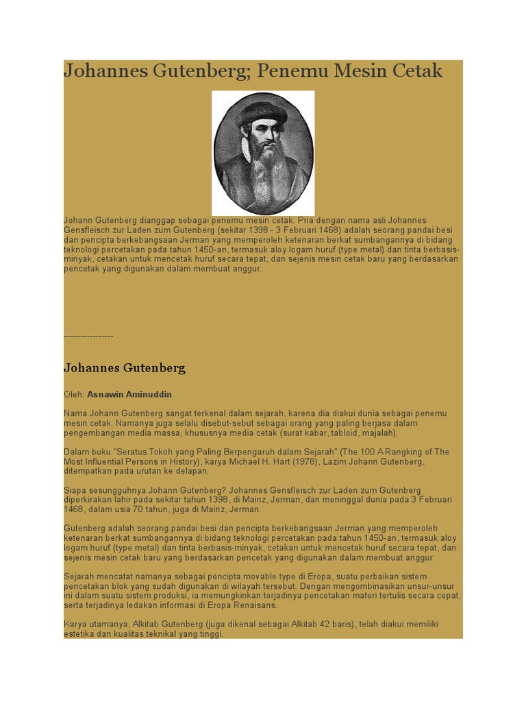 Penemu Mesin Cetak Johannes Gutenberg | PDF Penemu Mesin Cetak Johannes Gutenberg | PDF