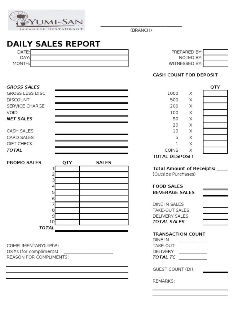Daily Sales Report: Cash Count For Deposit QTY | PDF | Financial ...