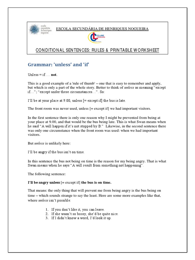 Conditional Sentences - Rules Printable Worksheet | PDF | Linguistics ...