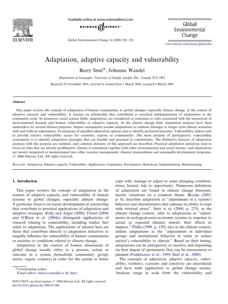 Adaptation, Adaptive Capacity and Vulnerability Barry Smit, Johanna ...