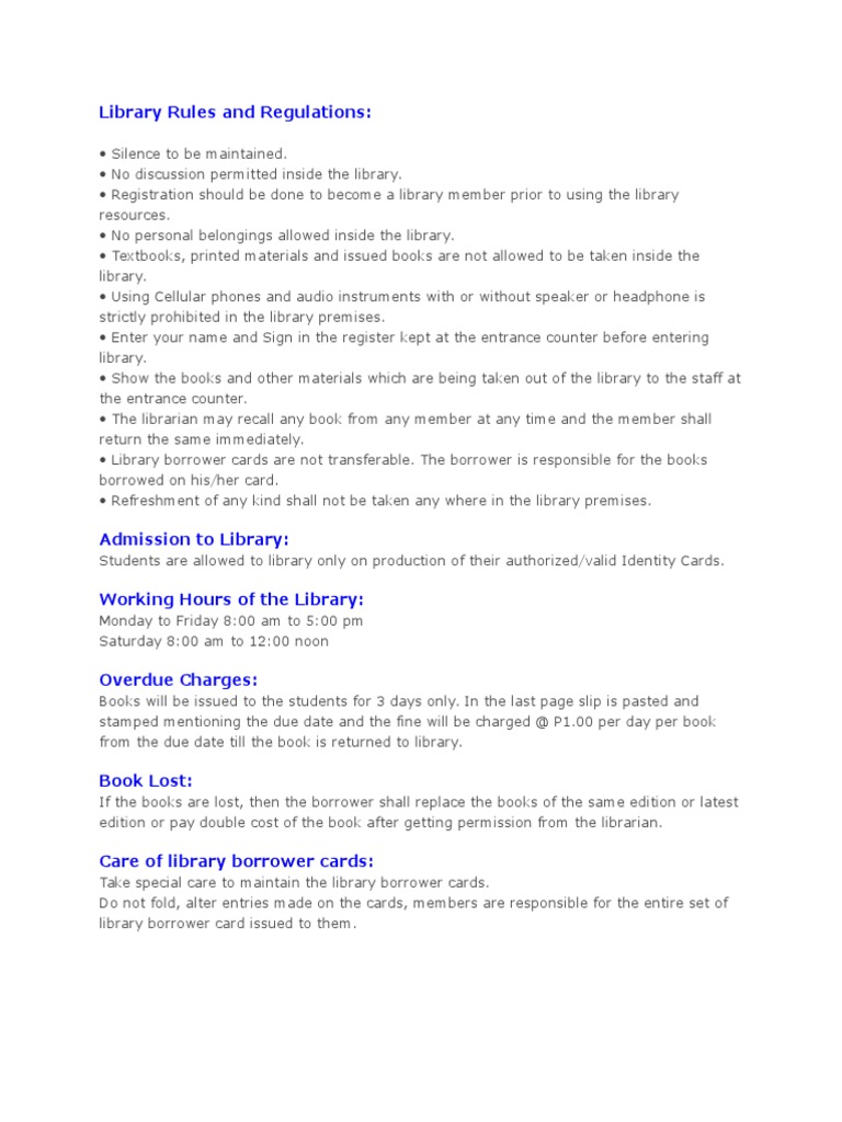 Library Rules and Regulations | PDF | Librarian | Libraries