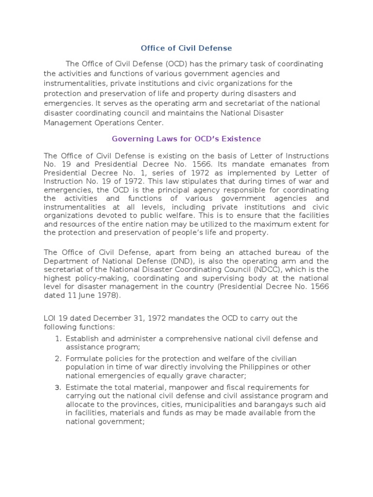 Office of Civil Defense Functions and Roles | PDF | Emergency ...