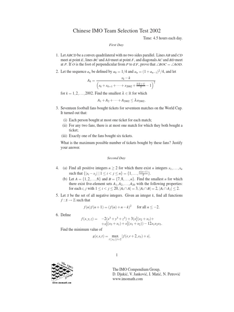 Chinese IMO Team Selection Test 2002: First Day | PDF