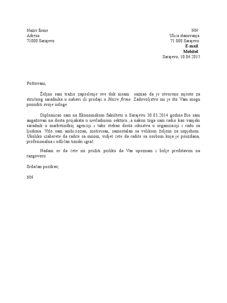 Popratno Pismo Primjer | PDF