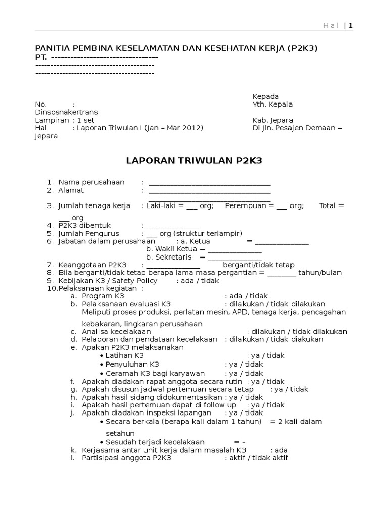 Format Laporan Triwulan P2K3 | PDF