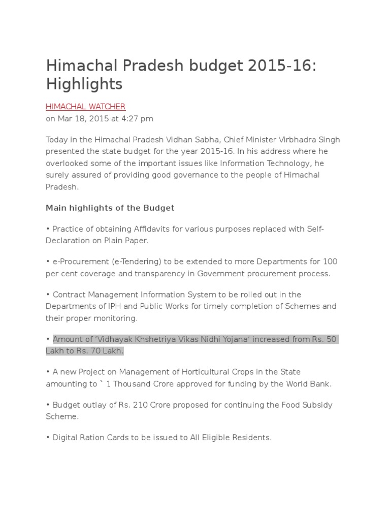 Himachal Pradesh Budget 2015-16 Highlights | PDF | Value Added Tax ...