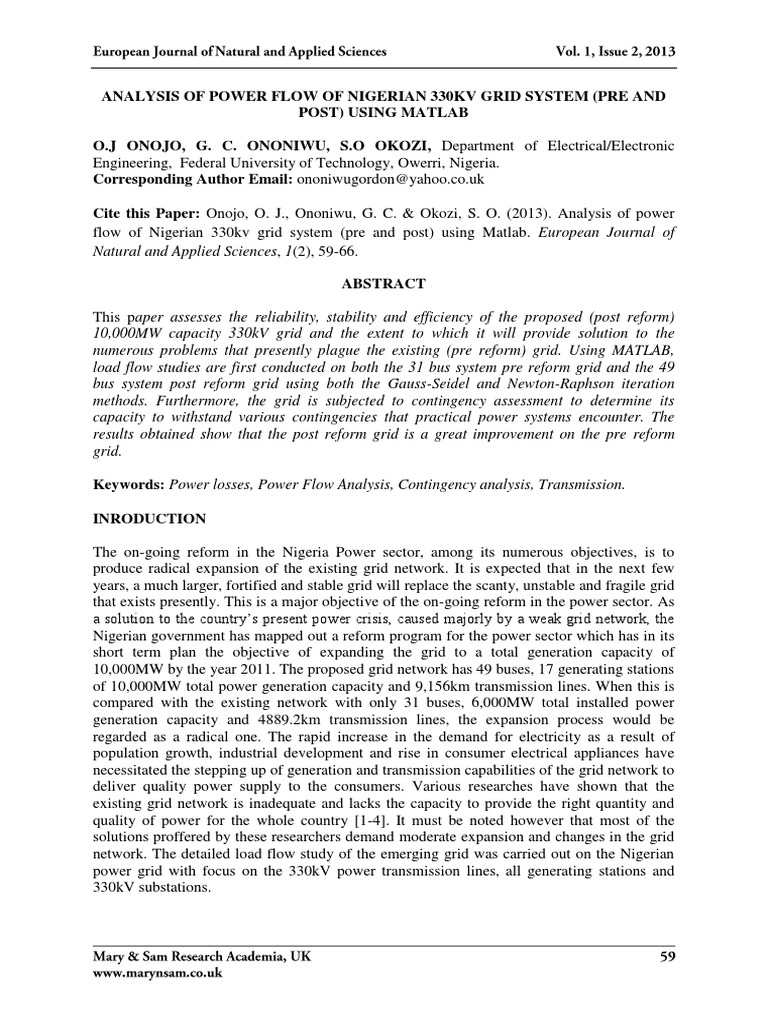 Analysis of Power Flow and Grid Stability of Nigeria's 330kV Transmission Network Using MATLAB ...