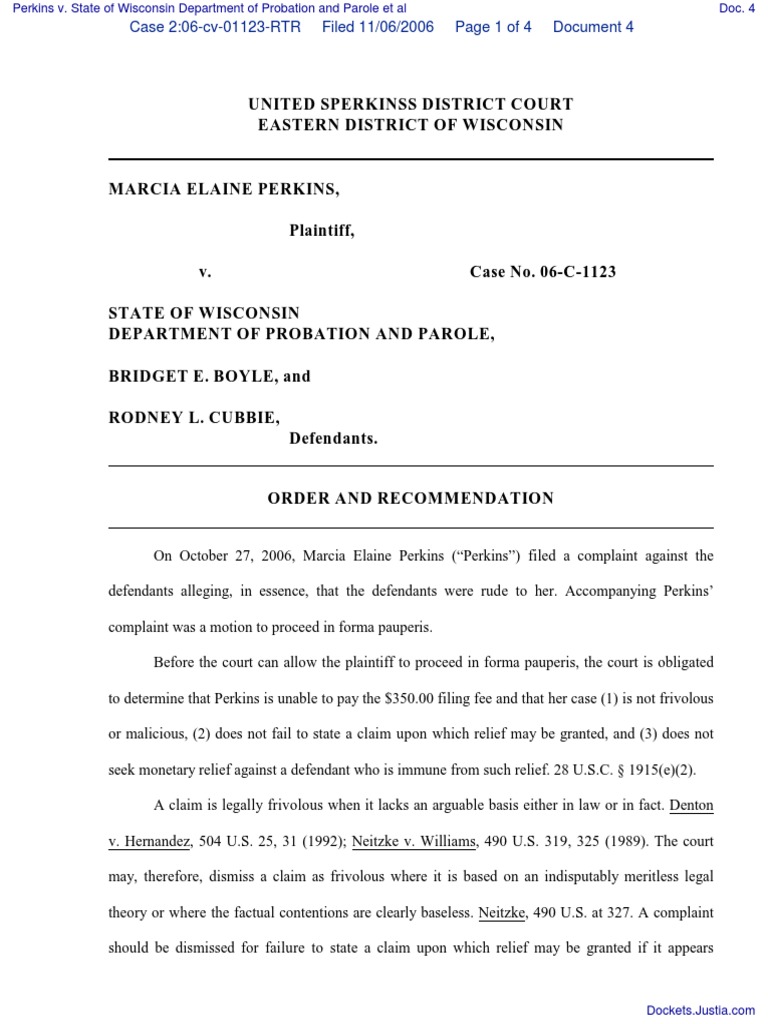Perkins v. State of Wisconsin Department of Probation and Parole Et Al ...