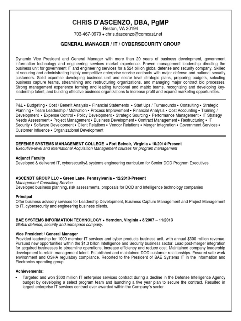 VP Defense Programs General Manager in Washington DC Resume Chris D ...