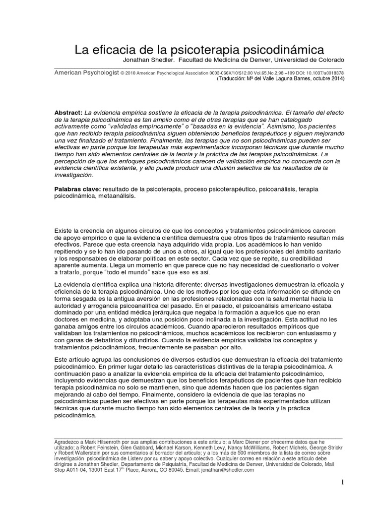 SHEDLER Psicodinamica | PDF | Psicoanálisis | Psicoterapia
