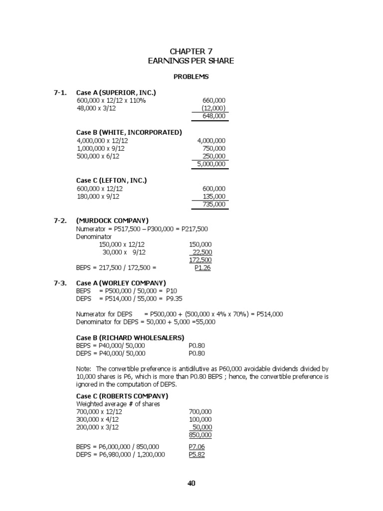 Calculations and Examples of Basic and Diluted Earnings Per Share | PDF ...