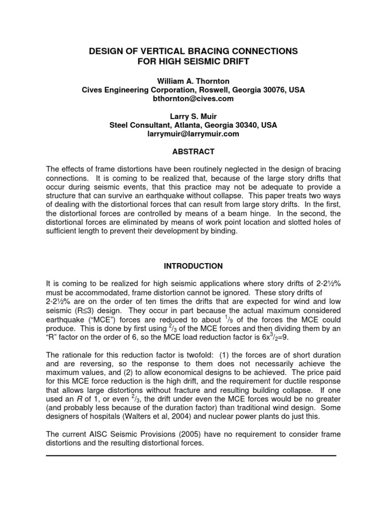 Design of Vertical Bracing Connections For High Seismic Drift | PDF ...