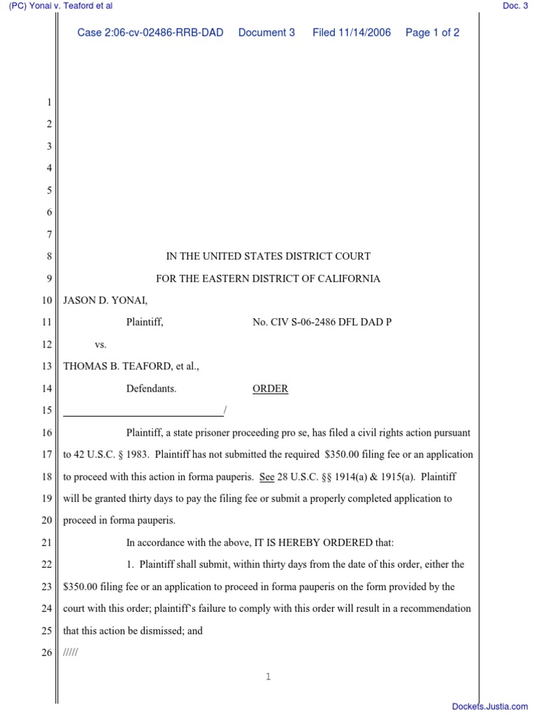 Civil Rights Case Filing Fee Order | PDF | United States District Court ...