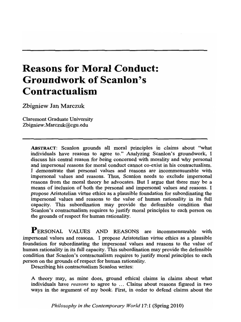 Marczuk-Groundwork of Scanlon's Contractualism | PDF | Reason | Rationality