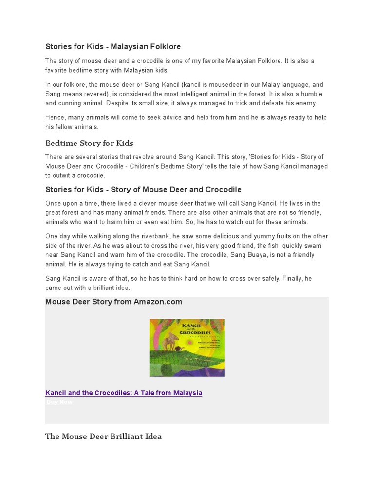Stories For Kids - Malaysian Folklore: Kancil and The Crocodiles: A ...