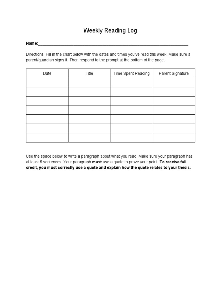 Weekly Reading Log Template | PDF | Career & Growth