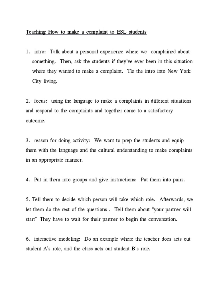 Teaching How To Make A Complaint To ESL Students | PDF | English As A ...
