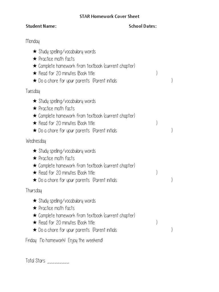 Weekly Homework Cover Sheet Template | PDF | Wellness
