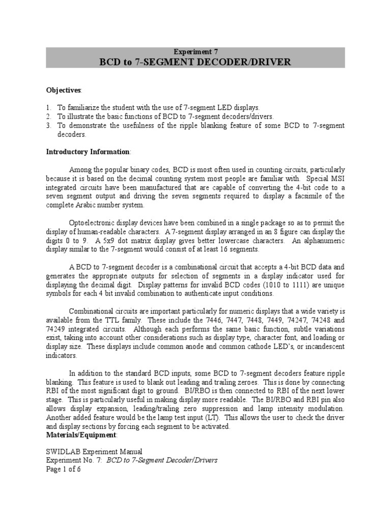 SWIDLAB 07 BCD To 7 Segment Decoder Driver | PDF | Electrical ...