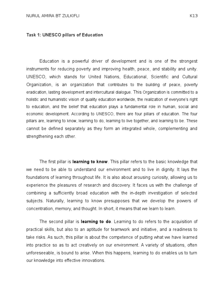 Task 1: UNESCO Pillars of Education | PDF | Unesco | Learning