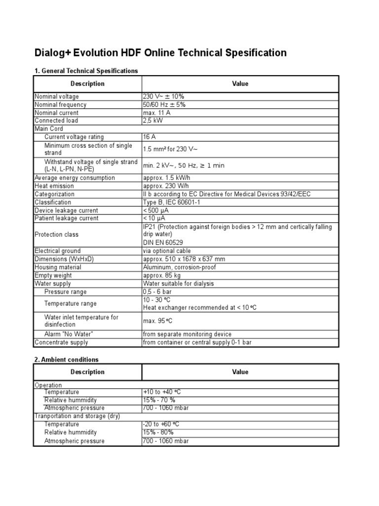 Medical Device Technical Specs | PDF | Dialysis | Sensor