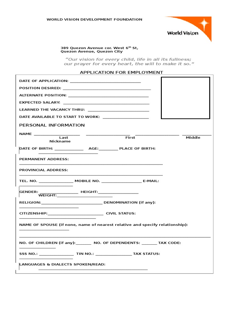 World Vision Employment Application Form | PDF | World Vision ...