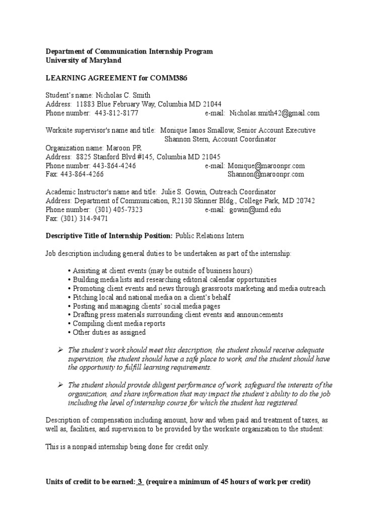 UMD Communication Internship Agreement | PDF | Internship | Job Hunting
