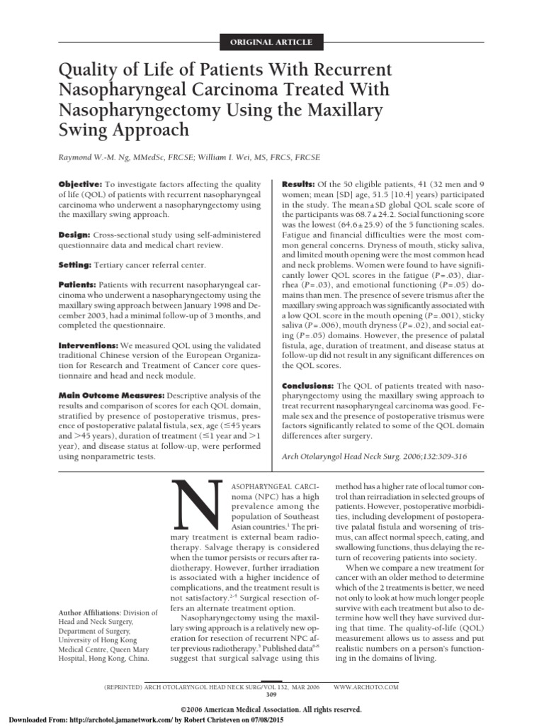 Quality of Life of Patients With Recurrent Nasopharyngeal Carcinoma ...