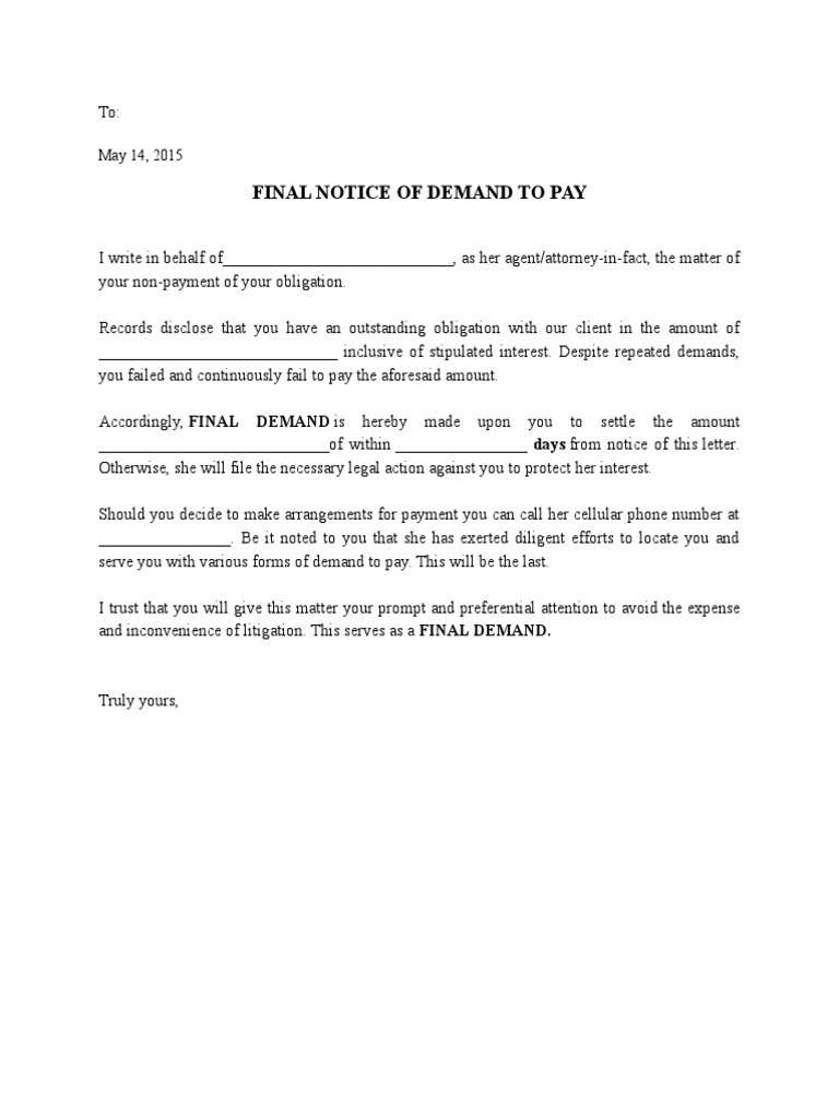 Sample Final Notice of Demand To Pay | PDF