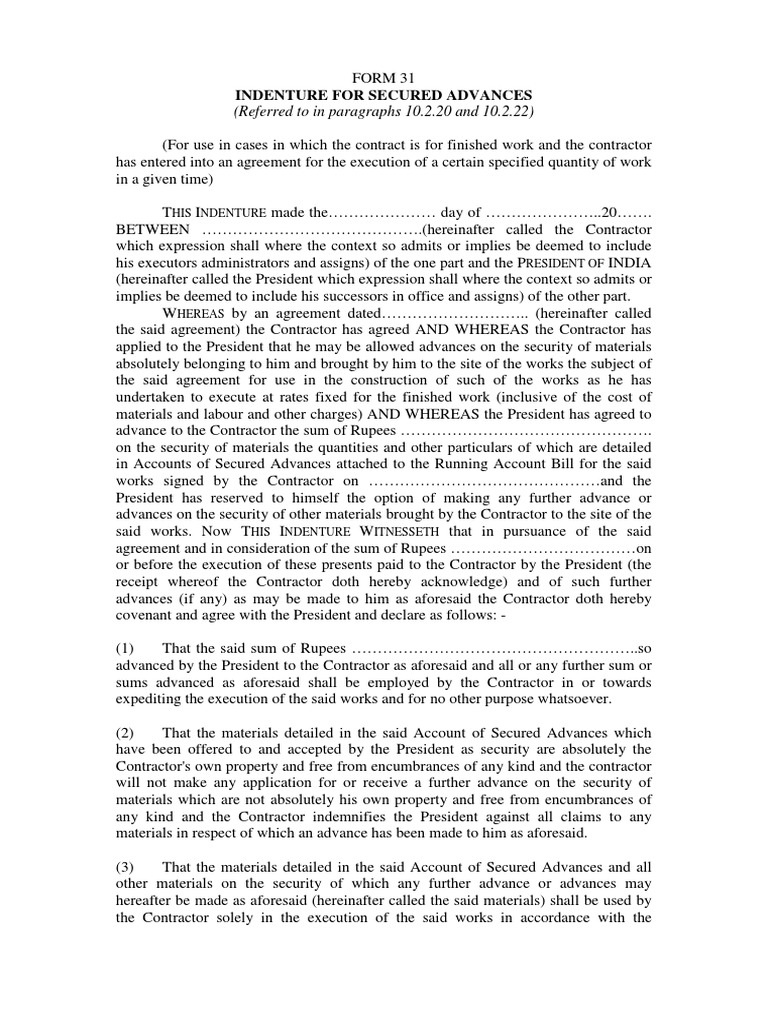 Indenture for Secured Advances - Legal Agreement for Contractor Loan ...