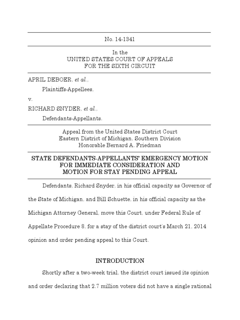 DeBoer v. Snyder - 14 03 21 Appellants' Emergency Motion For Immediate ...