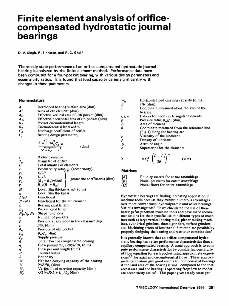 1976 Finite Element Analysis of Orifice Compensated Hydrostatic Journal ... 1976 Finite Element Analysis of Orifice Compensated Hydrostatic Journal ...