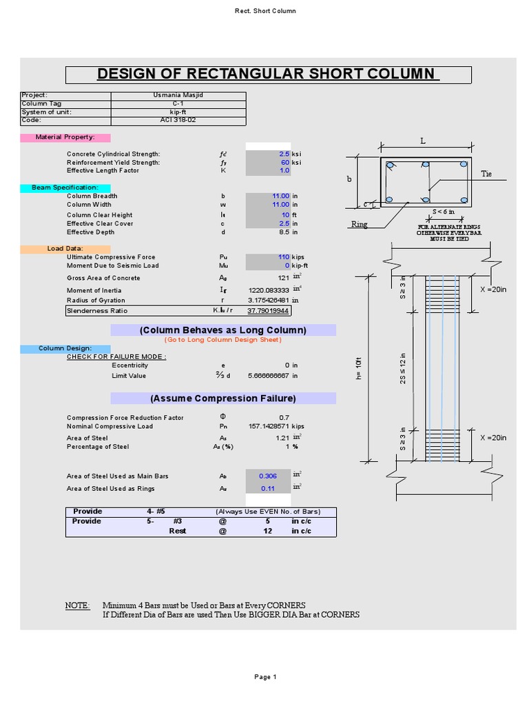 Design of Rectangular Short Column: (Column Behaves As Long Column) | PDF