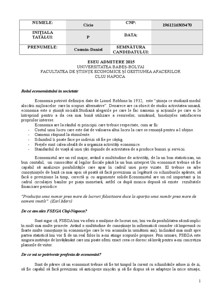 FSEGA Eseu Admitere FSEGA 2014 - Format Standard | PDF