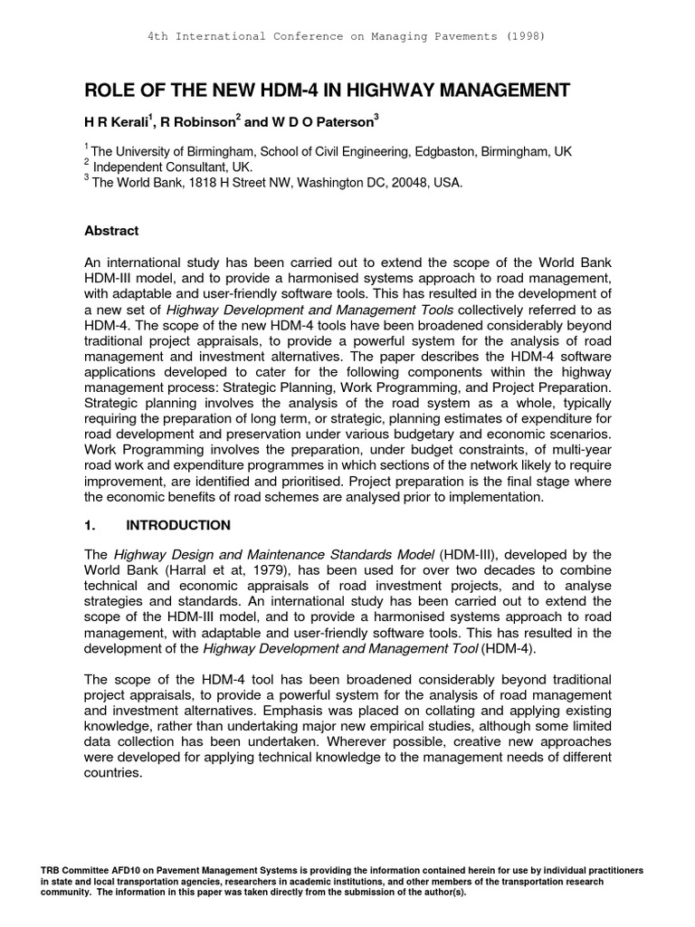 Role of New HDM-4 in Highway Management 1998047 | PDF | Cost–Benefit ...