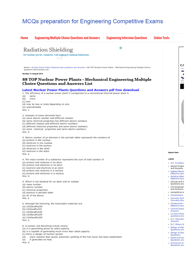 TOP Nuclear Power Plants - Mechanical Engineering Multiple Choice ...