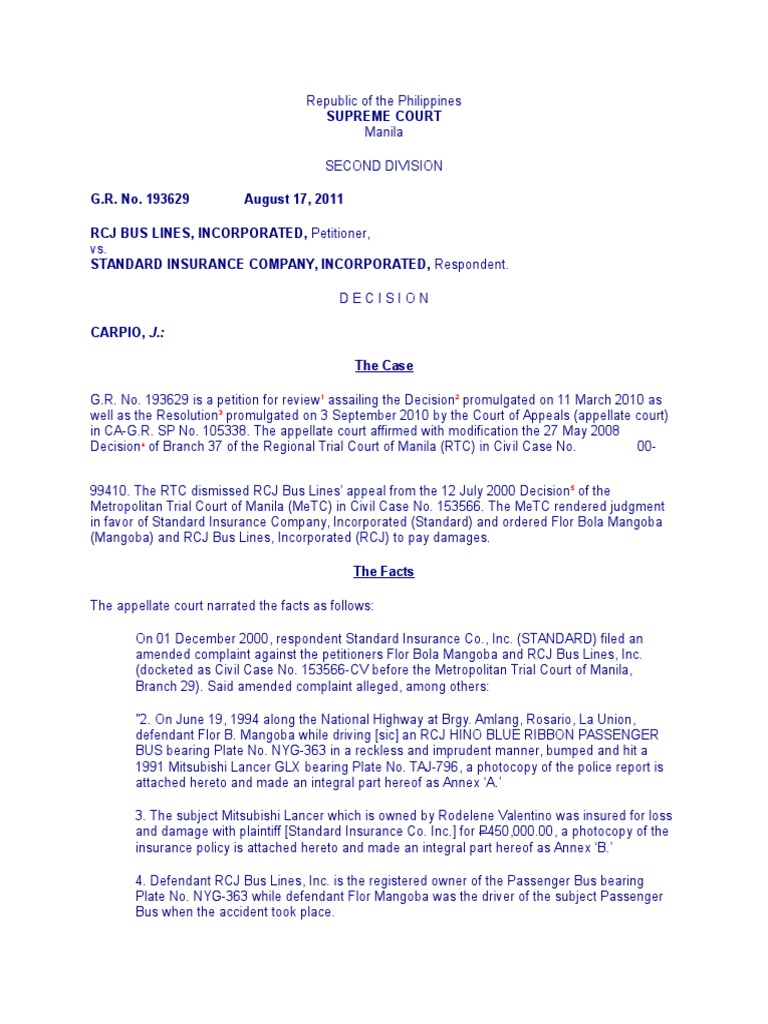 RCJ Bus Lines vs. Standard Insurance Case | PDF | Negligence | Lawsuit